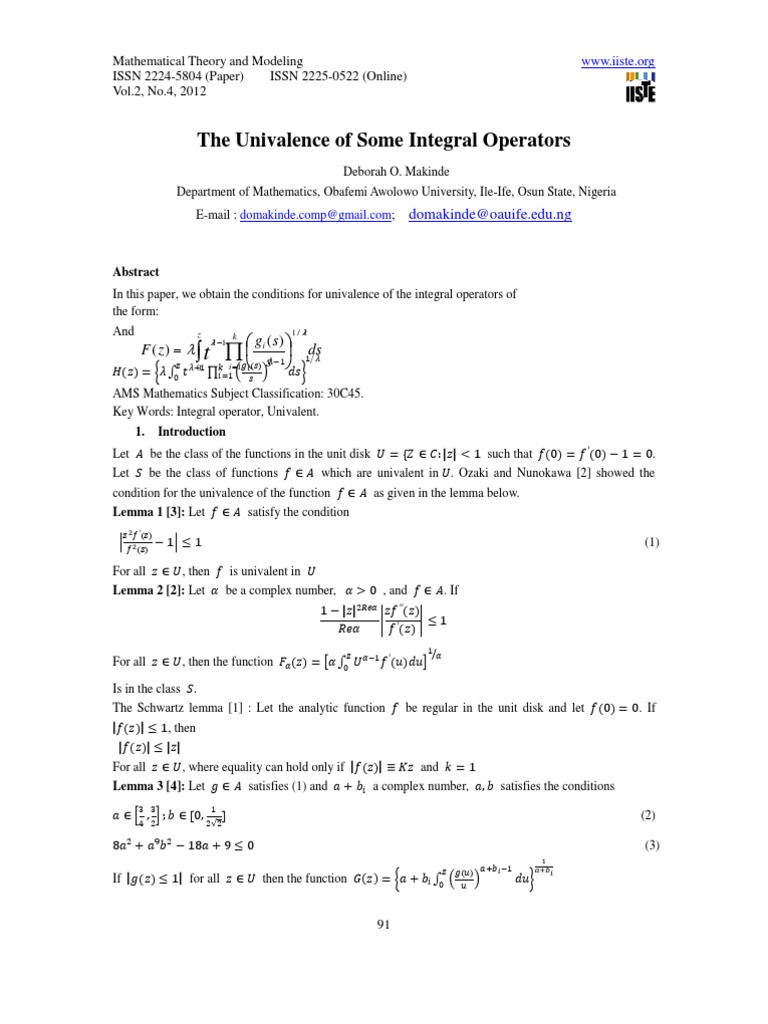 The Univalence of Some Integral Operators | PDF | Theorem | Mathematical Analysis