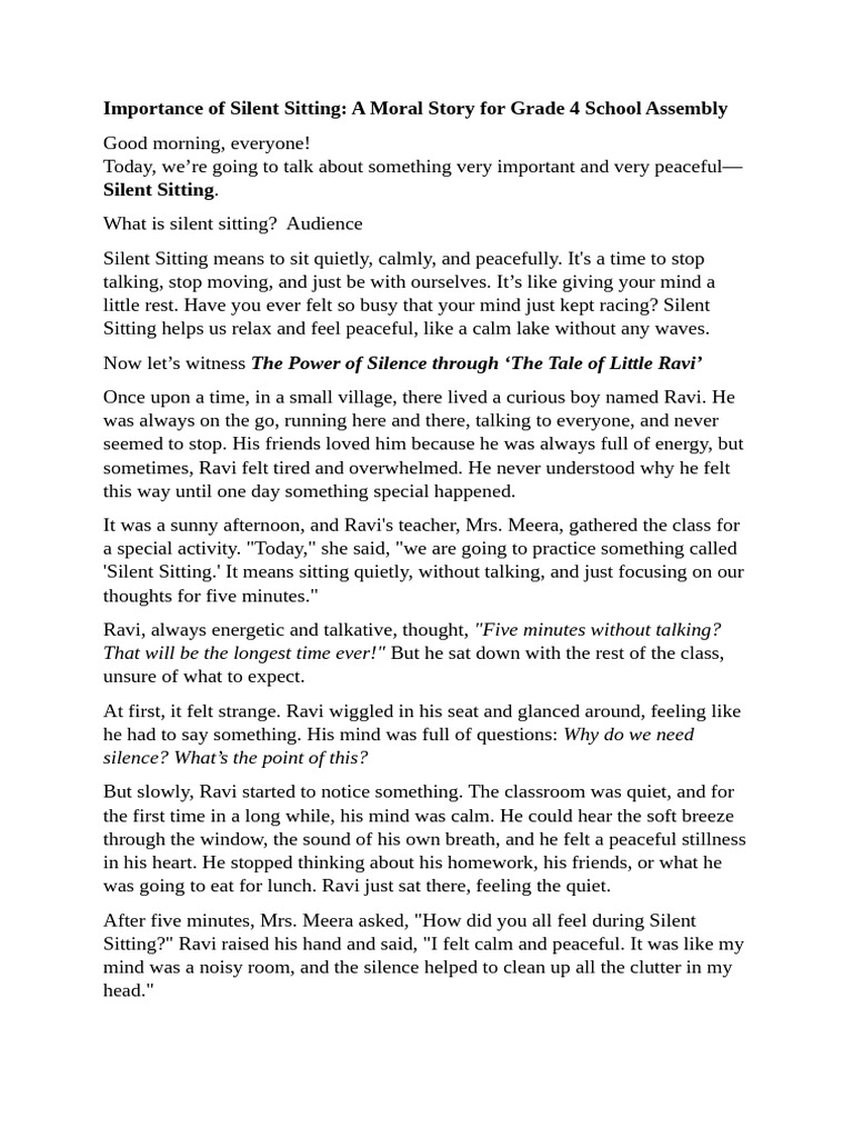 Importance of Silent Sitting Grade 4B Assembly Script | PDF | Silence