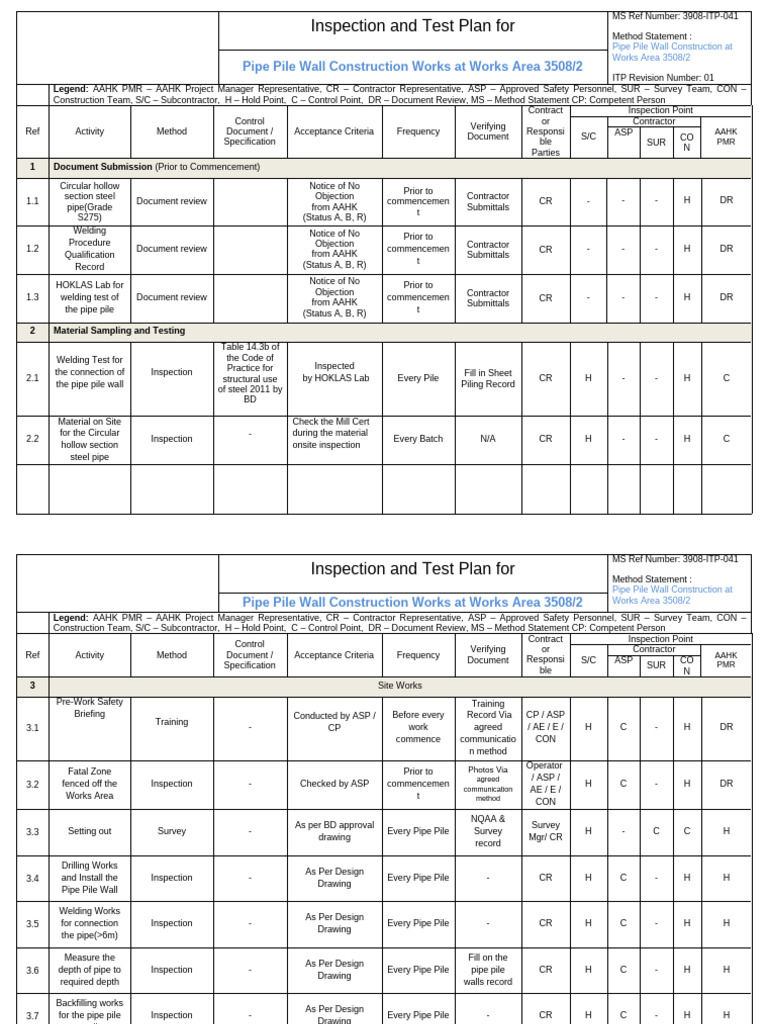 ITP for Pipe Pile Wall Construction works area 3508 2 updated on 01 Feb 21 | PDF | Pipe (Fluid ...