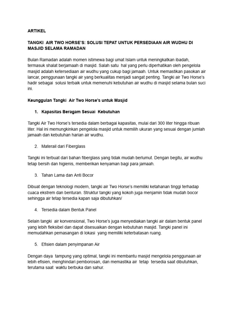 TANGKI AIR TWO HORSE’S_ SOLUSI TEPAT UNTUK PERSEDIAAN AIR WUDHU DI MASJID SELAMA RAMADAN | PDF