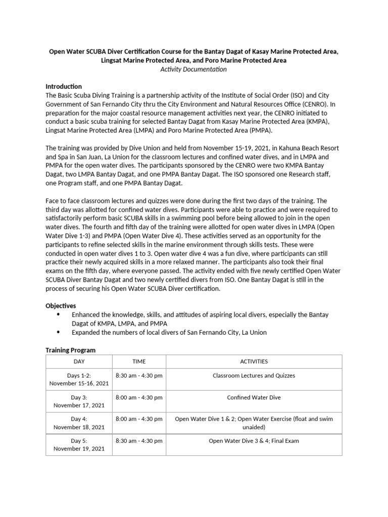 SCUBA Diver Certification for Bantay Dagat | PDF | Scuba Diving ...