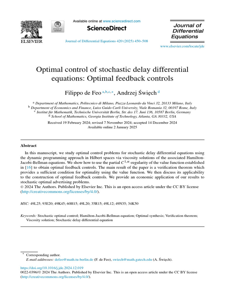 Optimal Control Of Stochastic Delay Differential Equations Optimal Feedback Controls Pdf
