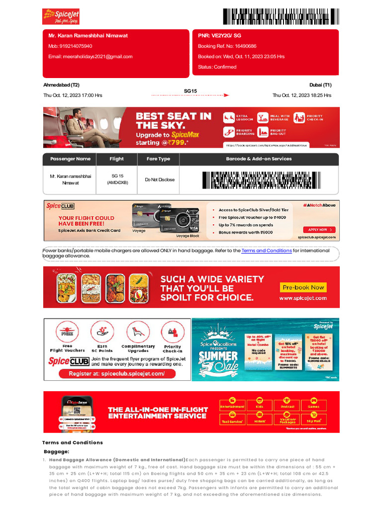 SpiceJet - E-Ticket - PNR - VE2Y2G 12 Oct 2023 Ahmedabad-Dubai For MR ...