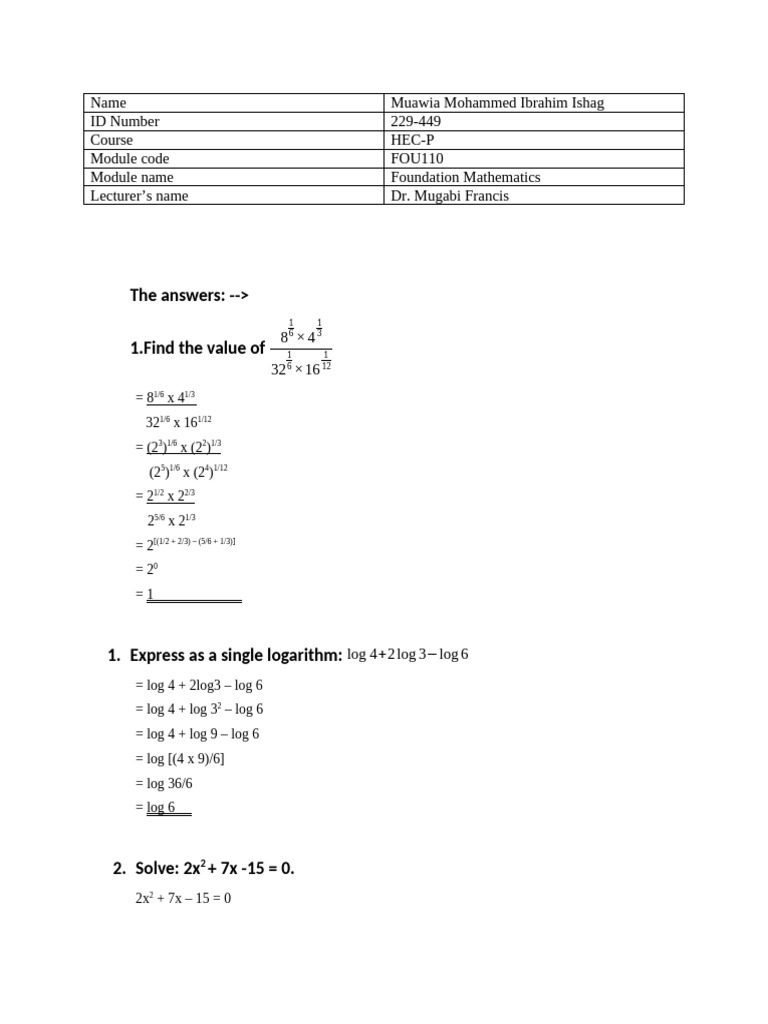 229-449 FOU110 - CAT 1 Foundation Mathematics | PDF