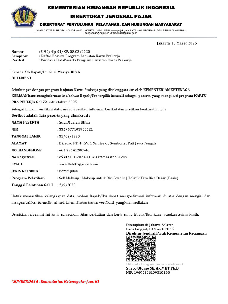 Surat Kementerian Keuangan Republik Indonesia Suci Mariya Ulfah | PDF