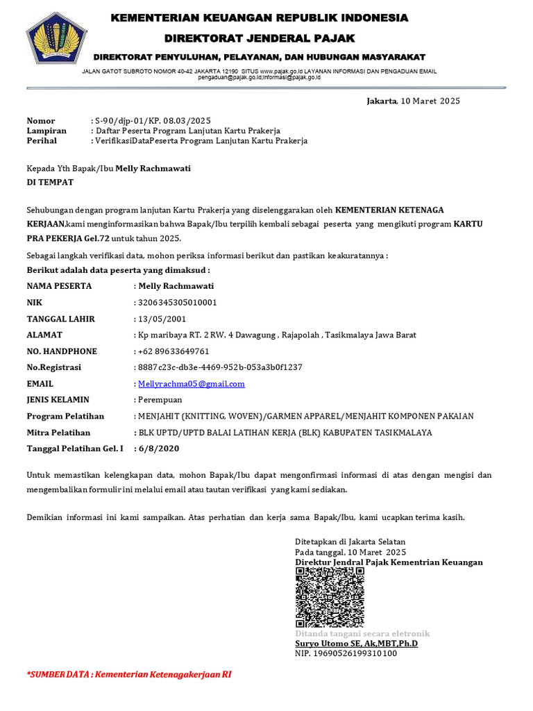 SURAT - KEMENTERIAN - KEUANGAN - REPUBLIK - INDONESIA - Melly Rachmawati | PDF