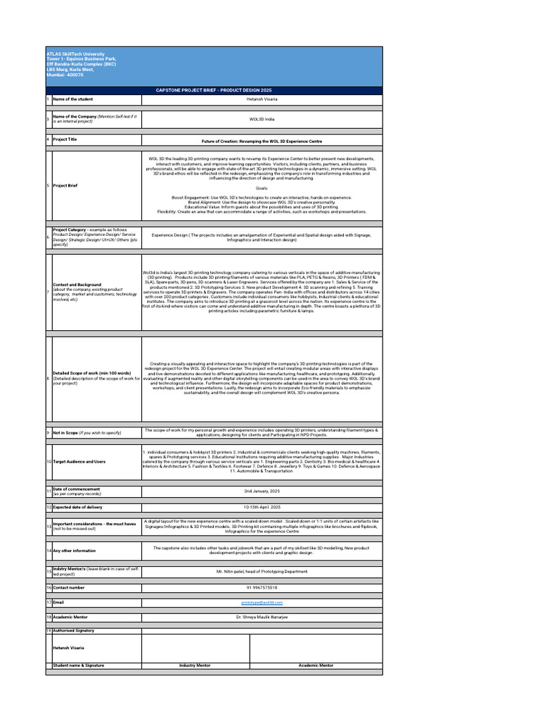 Hetansh Visaria - PD Capstone Brief Form 2025 - Sheet1 | PDF | 3 D Printing | Design
