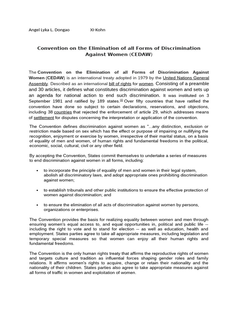 Convention On The Elimination of All Forms of Discrimination Against Women (CEDAW) | PDF ...