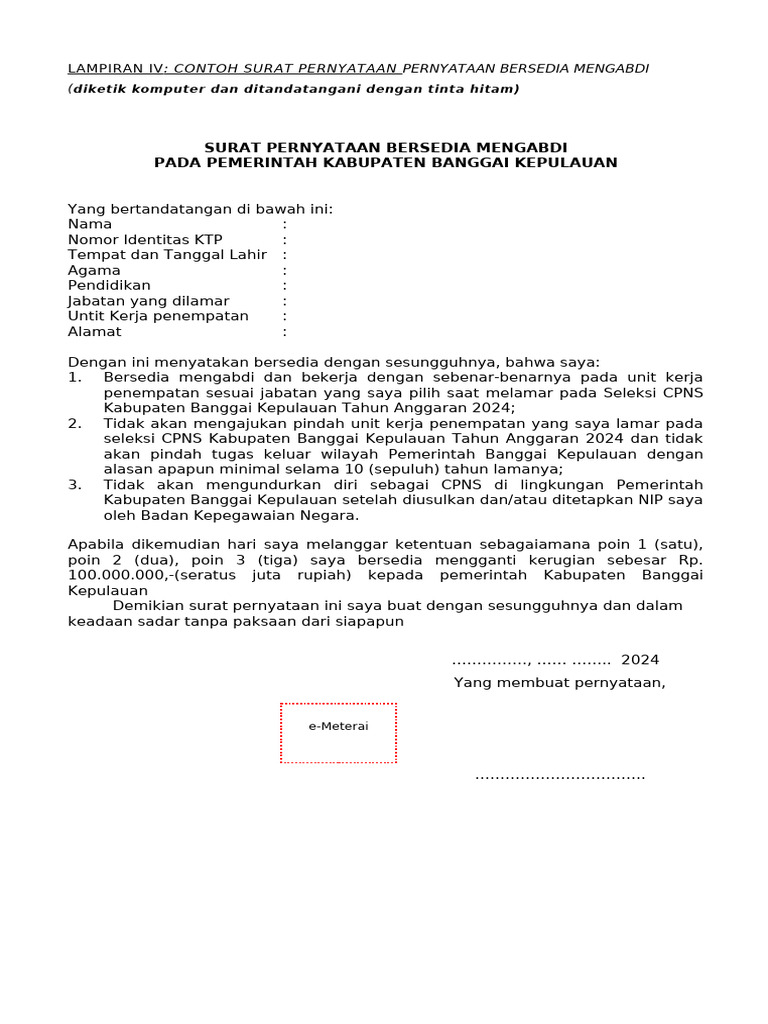Surat Pernyataan Bersedia Mengabdi Pada Pemerintah Kab. Banggai Kepulauan | PDF