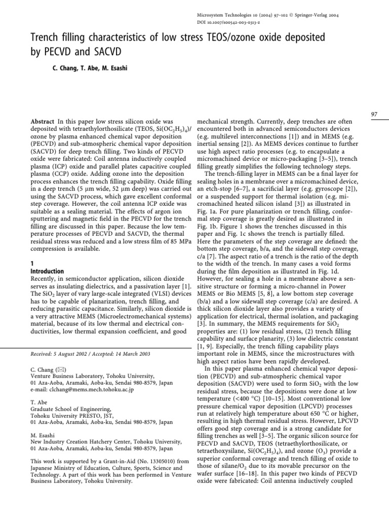 Trench filling characteristics of low stress TEOS&ozone oxide deposited ...