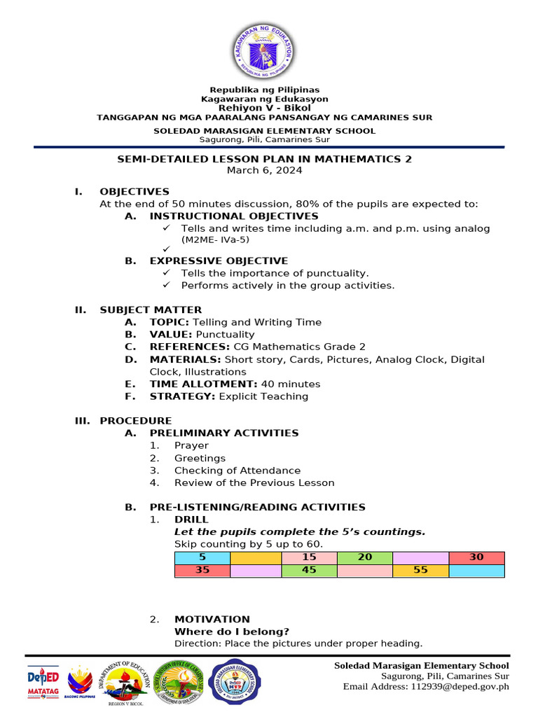 Telling Time Grade 2 - Lesson Plan | PDF | Learning