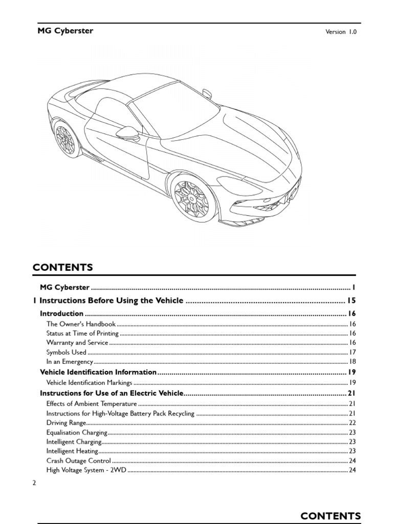MG Cyberster Owner's Manual Overview | PDF | High Voltage | Airbag