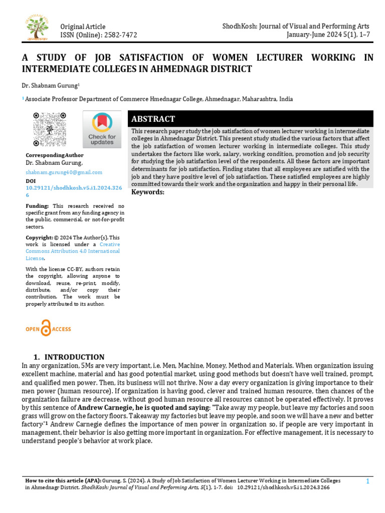 A Study of Job Satisfaction of Women Lecturer Work | PDF | Job ...