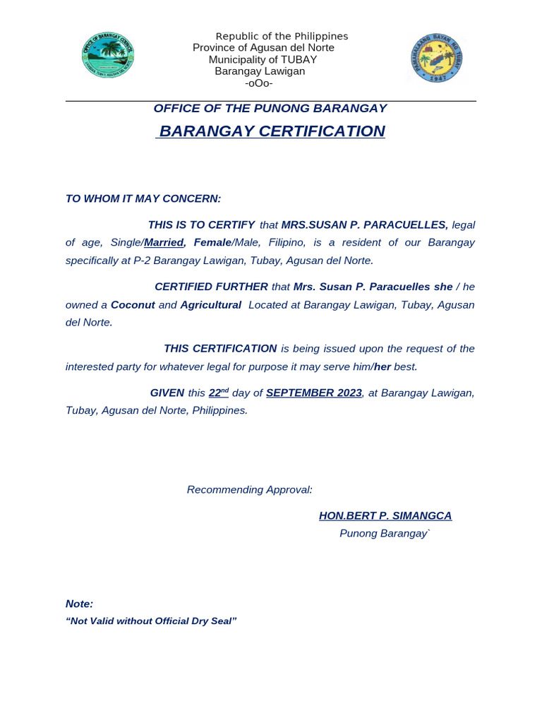 Barangay Certification for Land Ownership | PDF