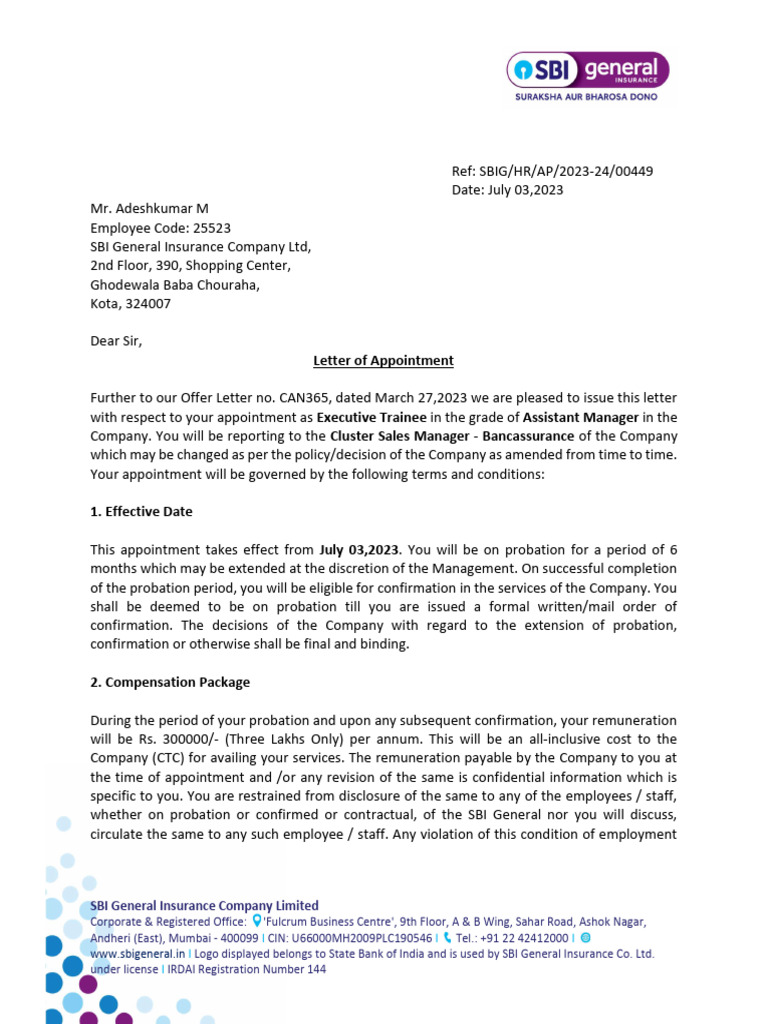 SBI Executive Trainee Appointment Letter | PDF | Employment | Insurance