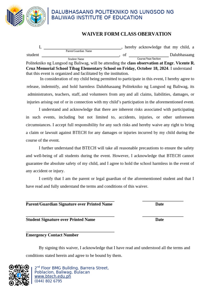 Class Observation Waiver Form | PDF