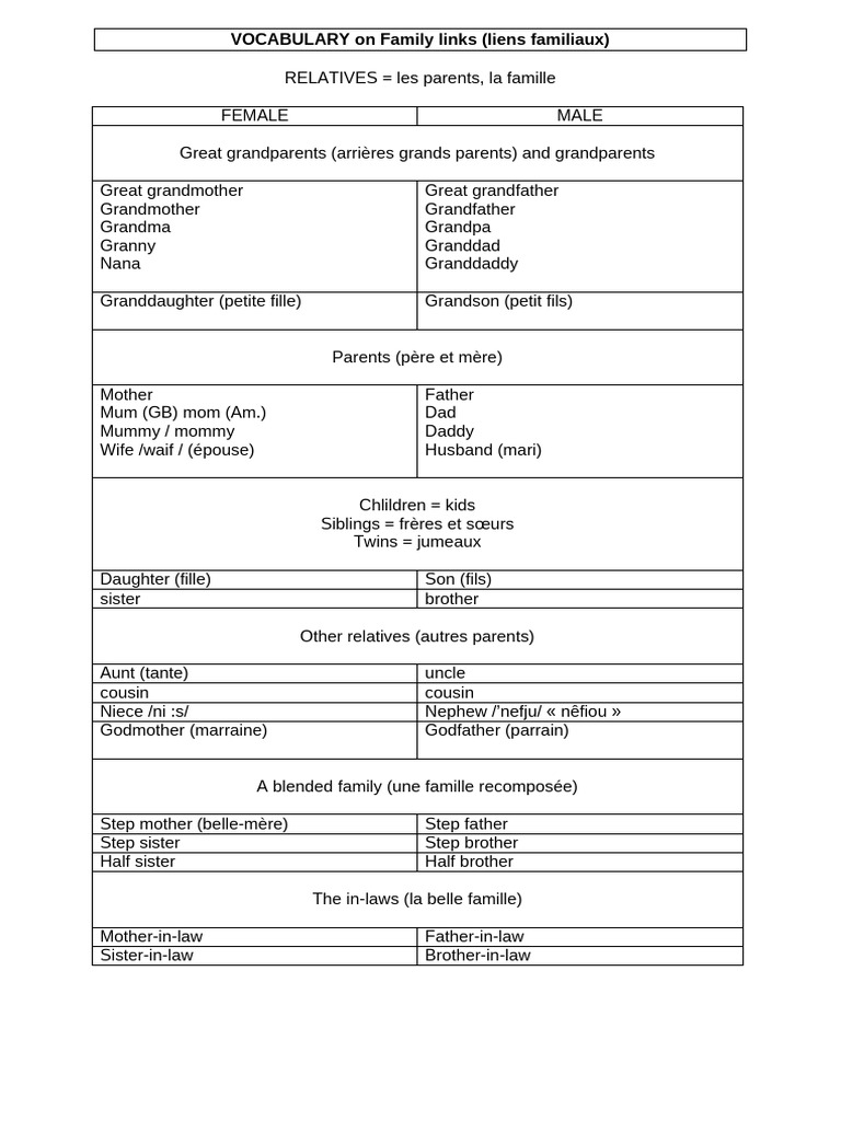 Family Vocabulary in French | PDF