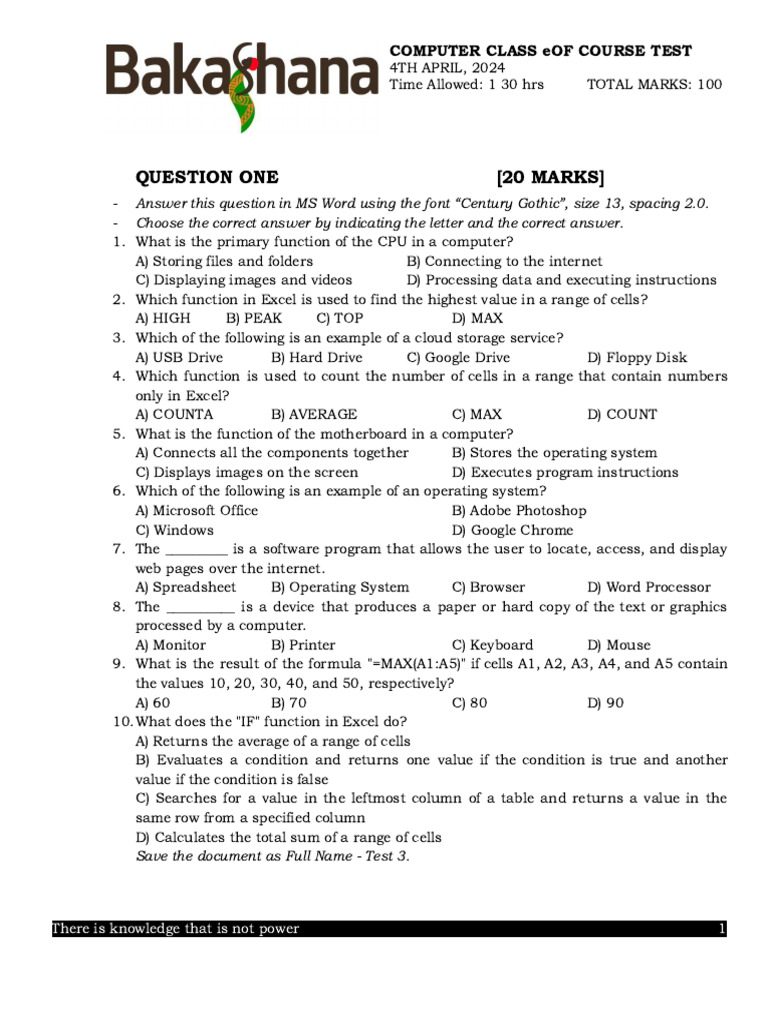 Copy of COMPUTER CLASS OF COURSE TEST 3, 2024_1 | PDF | Microsoft Excel ...