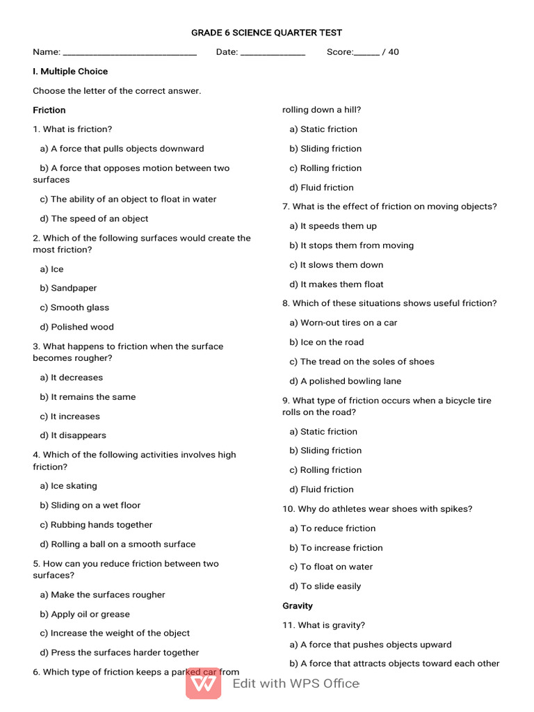 Friction Concepts for Grade 6 Test | PDF | Friction | Gravity