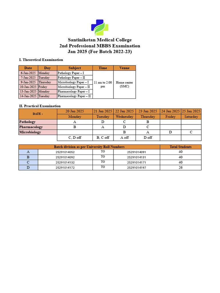 Professional Exams Schedules 2nd Prof-1 | PDF