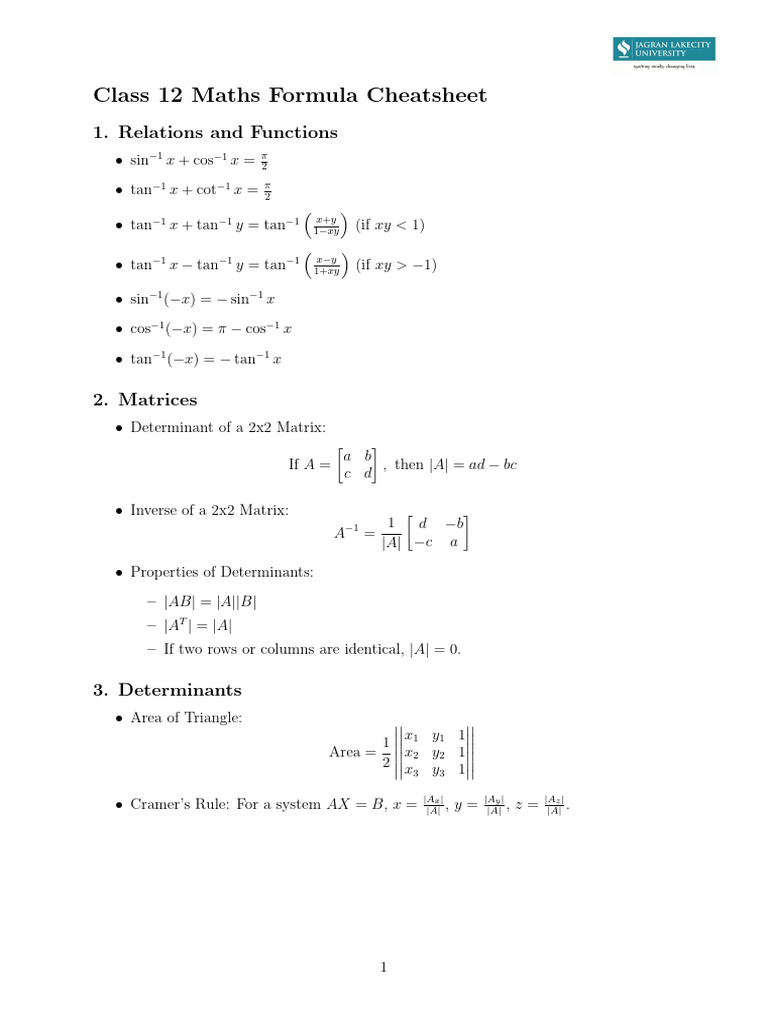 Maths Formula Cheatsheet (JLU) | PDF | Determinant | Matrix (Mathematics)