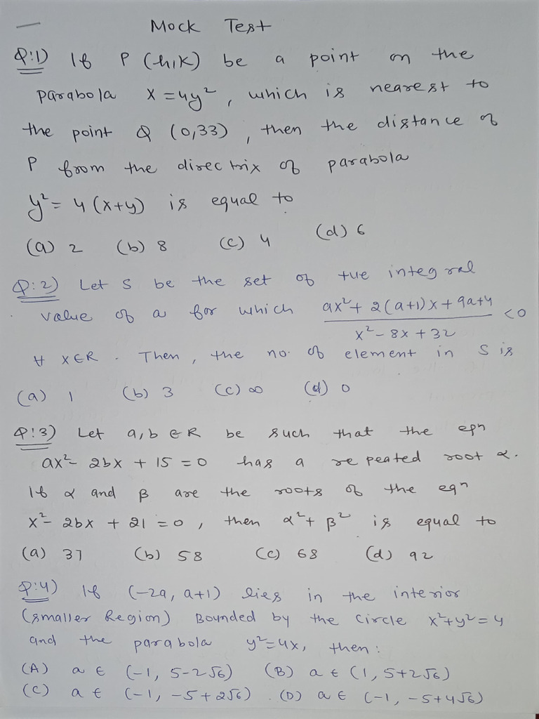 Mock Test Circle, Parabola and Quadratic | PDF | Euclidean Plane ...