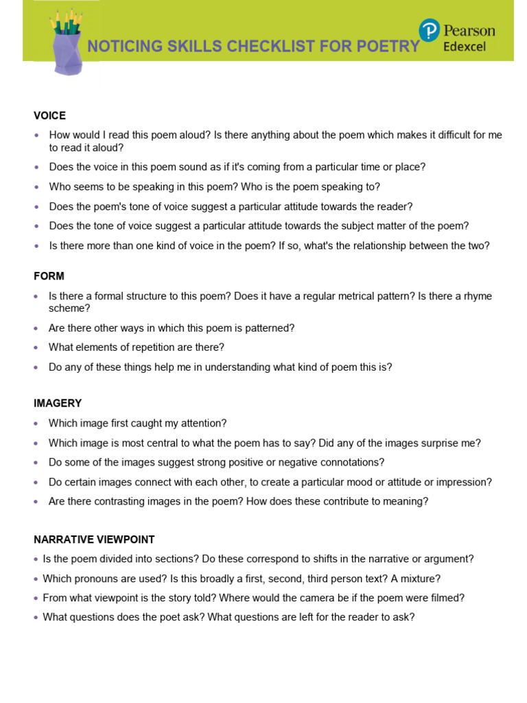 Noticing Skills Checklist For Poetry | PDF