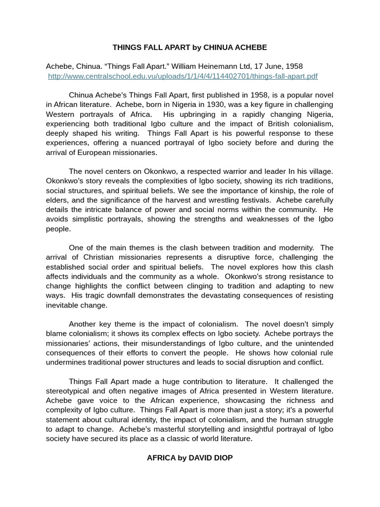 Things Fall Apart by Chinua Achebe and Africa by David Diop. | PDF