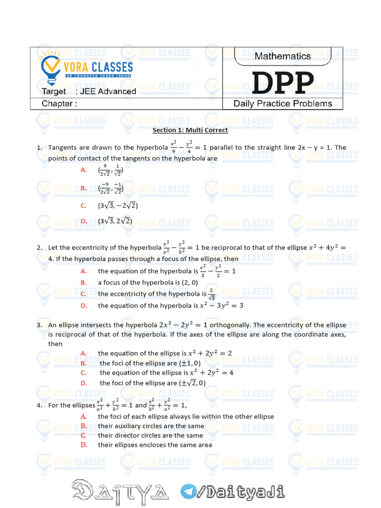 Ellipse and Hyperbola Adv DPP | PDF | Ellipse | Elementary Geometry
