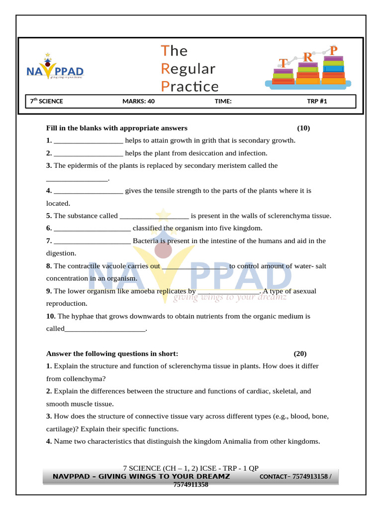 7 Science (CH - 1, 2) Icse - TRP - 1 QP | PDF | Tissue (Biology) | Biology