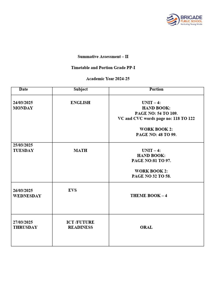 Grade PP I SA-II Time Table & Portion 24-25 | PDF