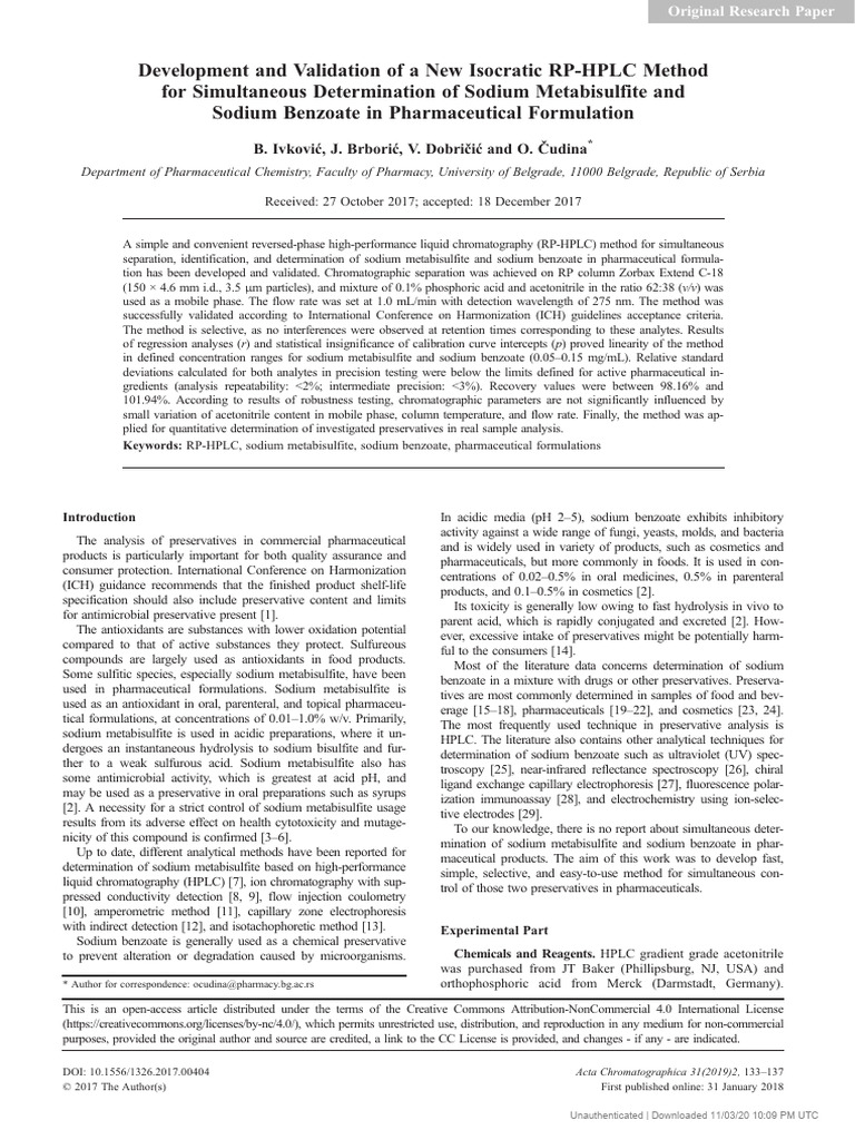 (20835736 - Acta Chromatographica) Development and Validation of A New Isocratic RP-HPLC Method ...
