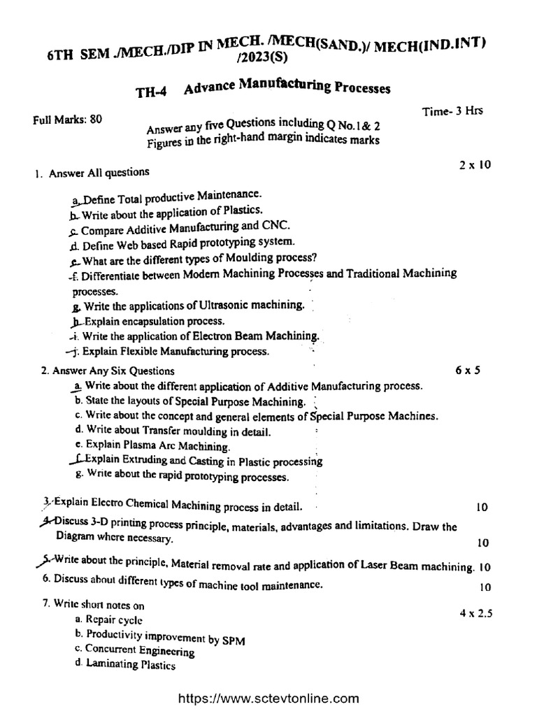 Mech 6 Sem Advance Manufacturing Processes Summer 2023 | PDF