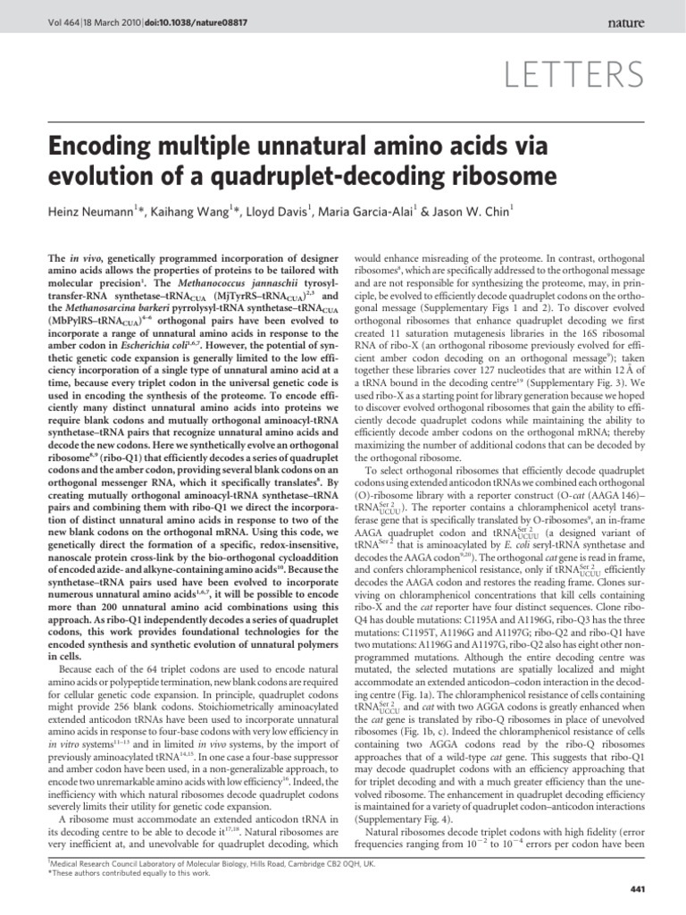 Encoding Multiple Unnatural Amino Acids Via Evolution of A Quadruplet ...