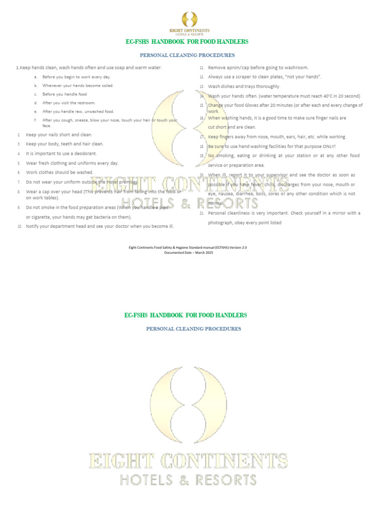 Food Handlers' Personal Hygiene Guide | PDF | Hygiene | Hand Washing