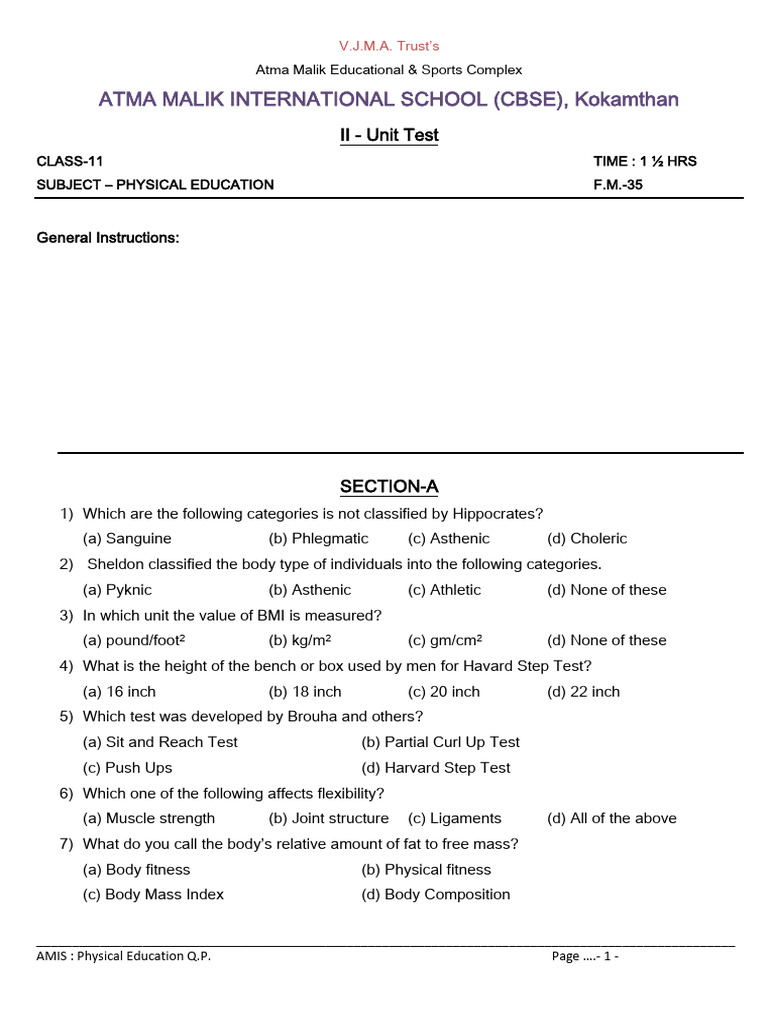 Class 11 Physical Education Unit Test QP | PDF | Body Mass Index ...