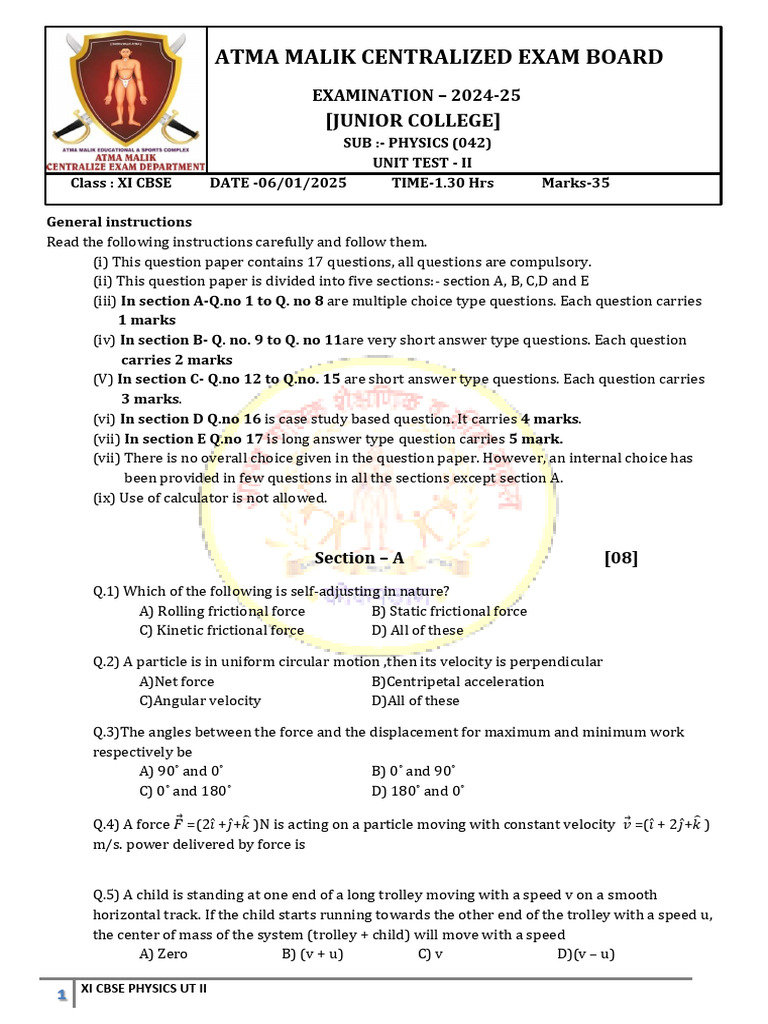 Class 11 Physics Unit Test II Paper | PDF | Force | Potential Energy