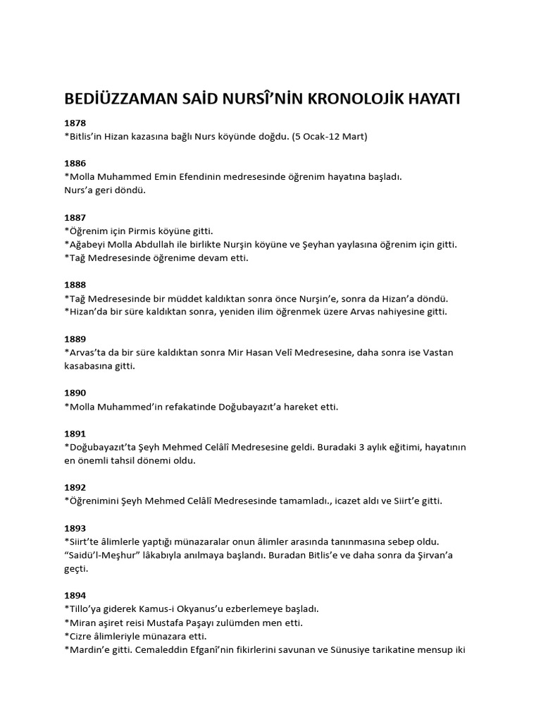 3 Bediuzzaman Said Nursinin Kronolojik Hayati Compressed | PDF