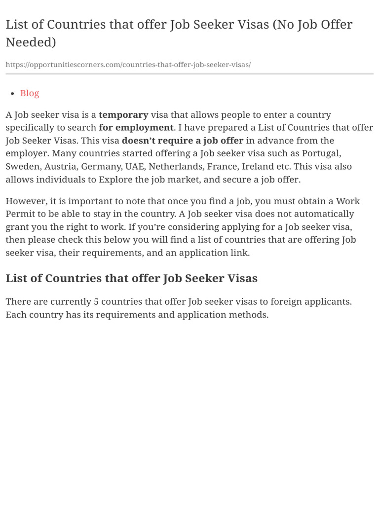 Countries Offering Job Seeker Visas | PDF | Travel Visa | Immigration