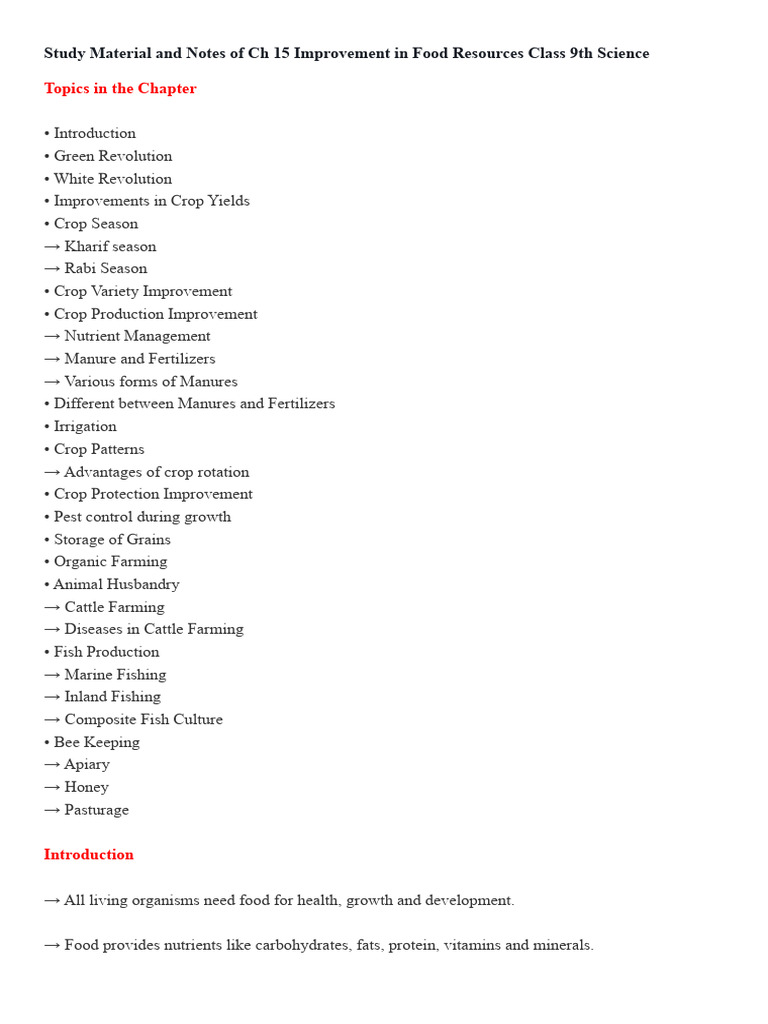 Notes of CH 15 Improvement in Food Resources - Class 9th Science | PDF ...