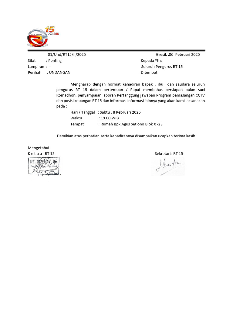 Undangan Rapat RT 15 Persiapan Ramadhan | PDF