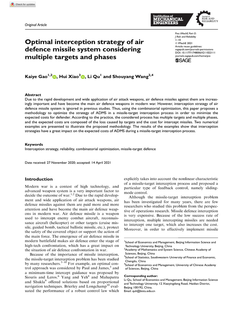 Optimal Interception Strategy of Air Defence Missile System Considering Multiple Targets and ...