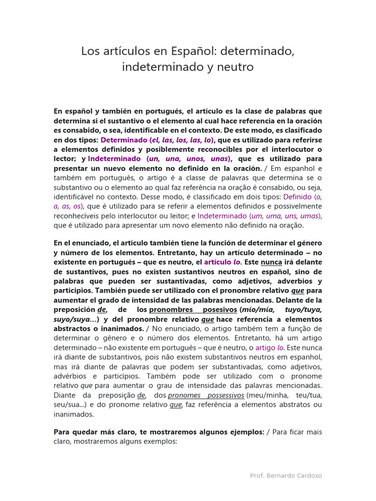 Artículos en español: uso y ejemplos | PDF | Sustantivo | Género gramatical