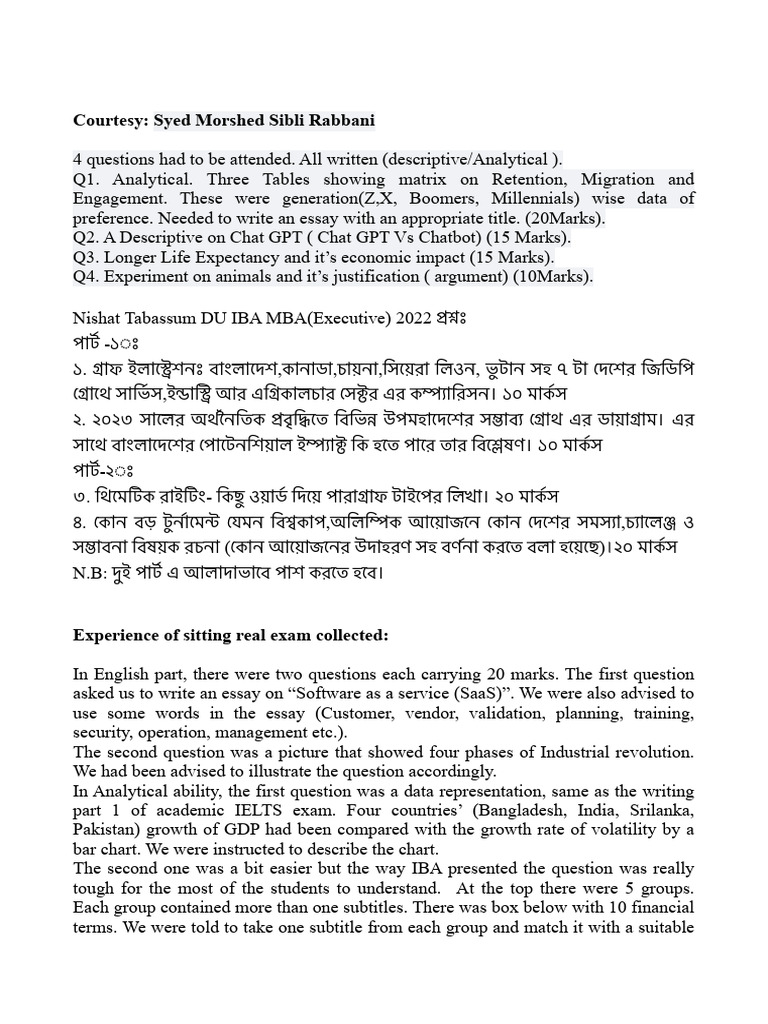 IBA EMBA Last Exam Question Shared by the Examinee | PDF
