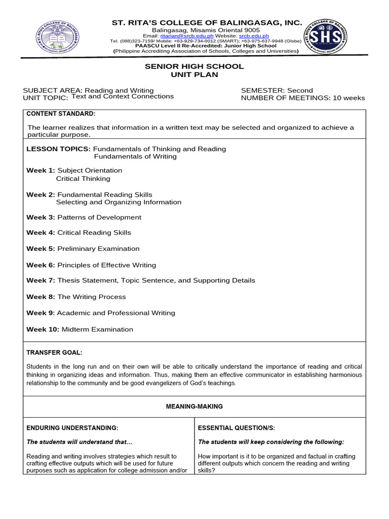 Senior High School Reading & Writing Unit | PDF | Critical Thinking ...