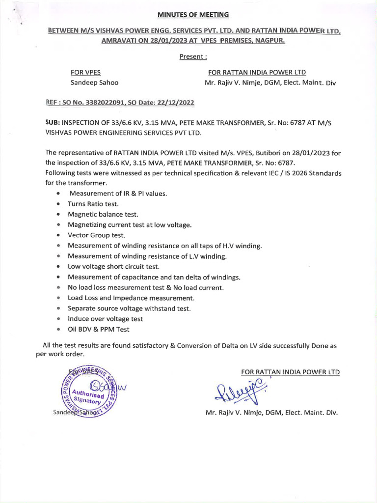 Factory Test Report - 33KVtrafo Sr. No6787-Ynd1 - 28.01.2023 | PDF