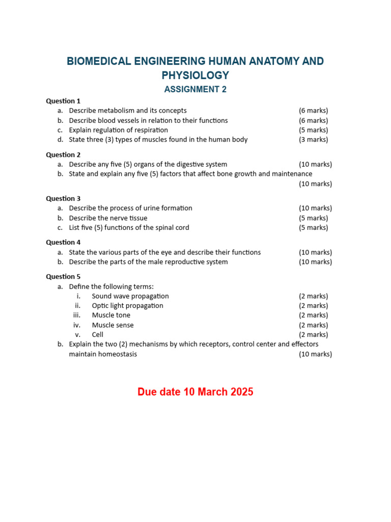 BIOMEDICAL ENGINEERING HUMAN ANATOMY AND PHYSIOLOGY Assignment 2 - 103730 | PDF