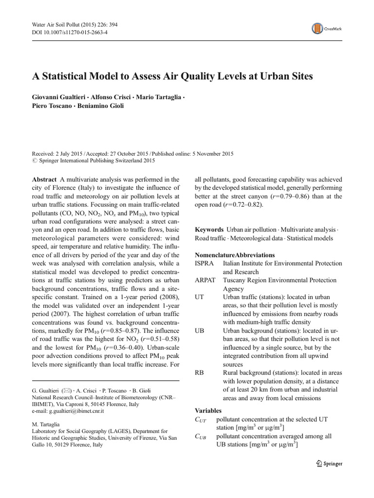 A Statistical Model To Assess Air Quality Levels at Urban Sites | PDF ...