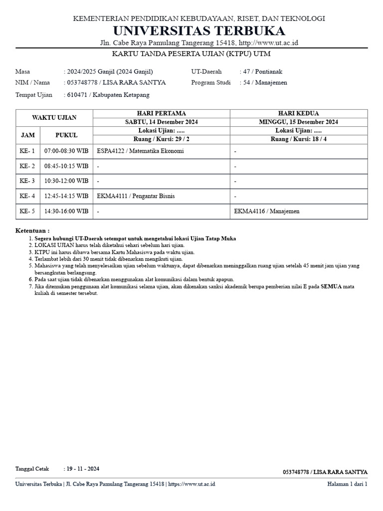 KTPU Ujian Universitas Terbuka 2024 | PDF