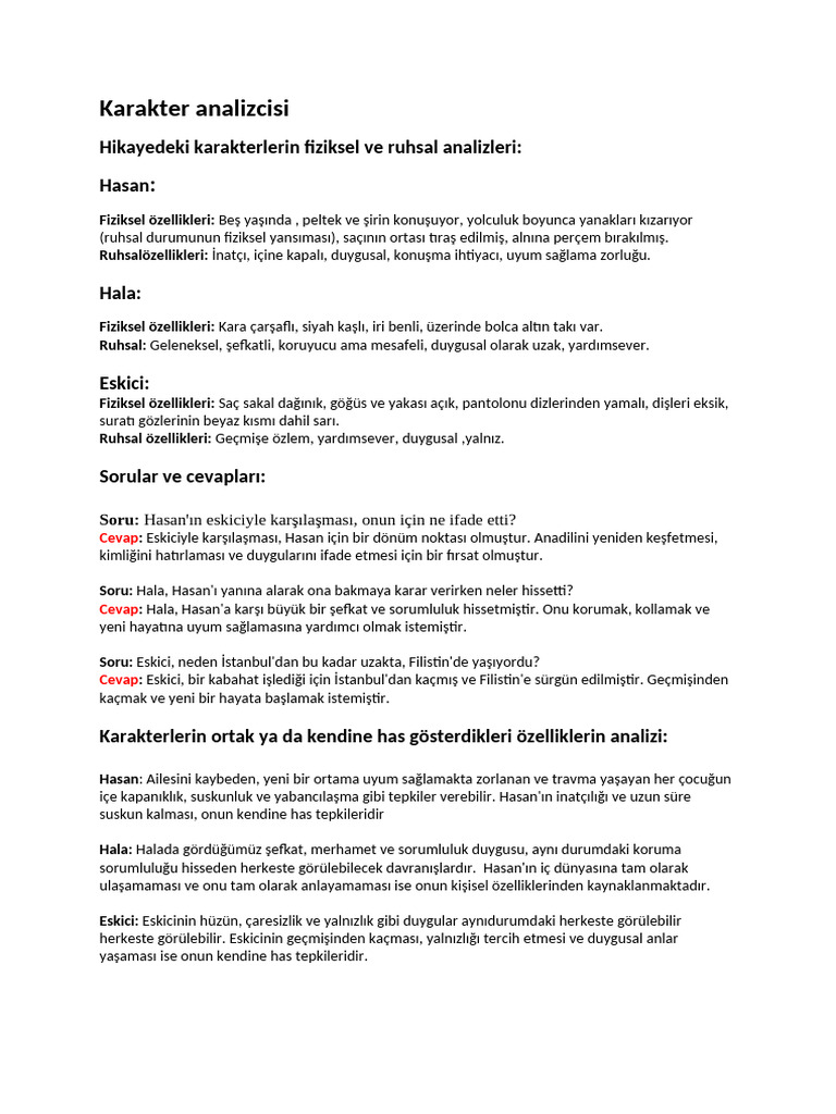 Karakter Analizcisi Edebiyat Grup Odevi | PDF